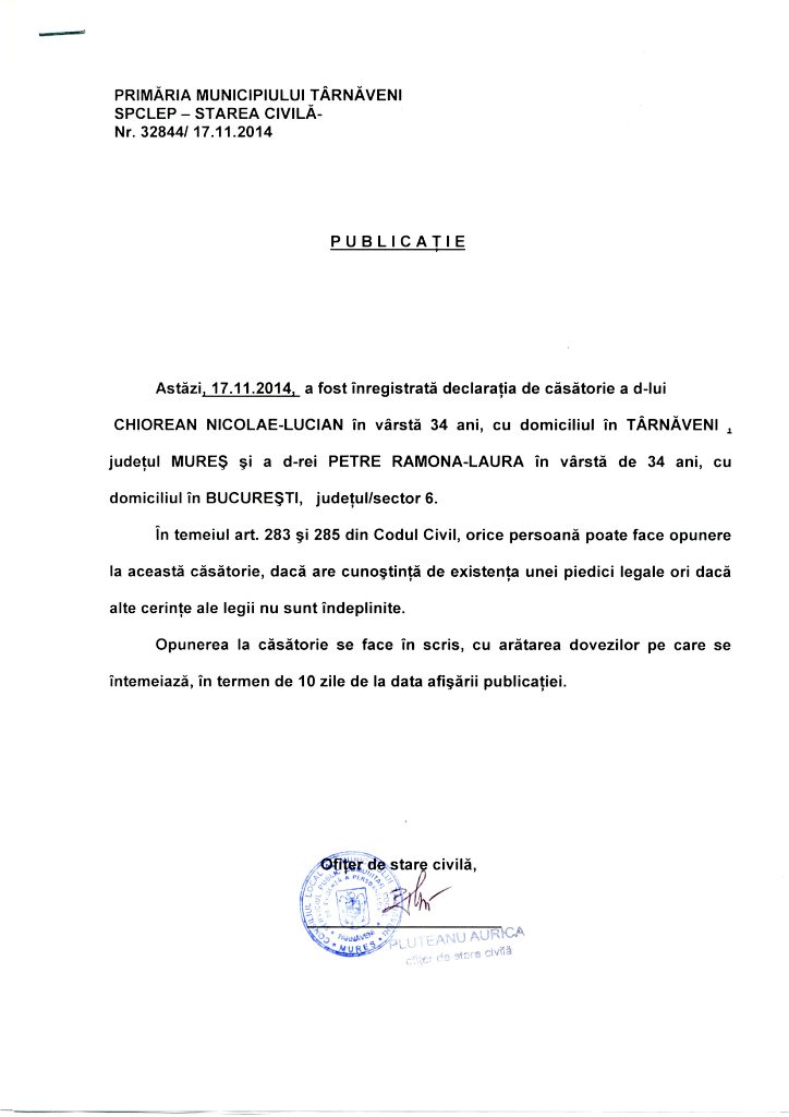 Publicatie casatorie – Chiorean Nicolae Lucian si Petre Ramona Laura ...