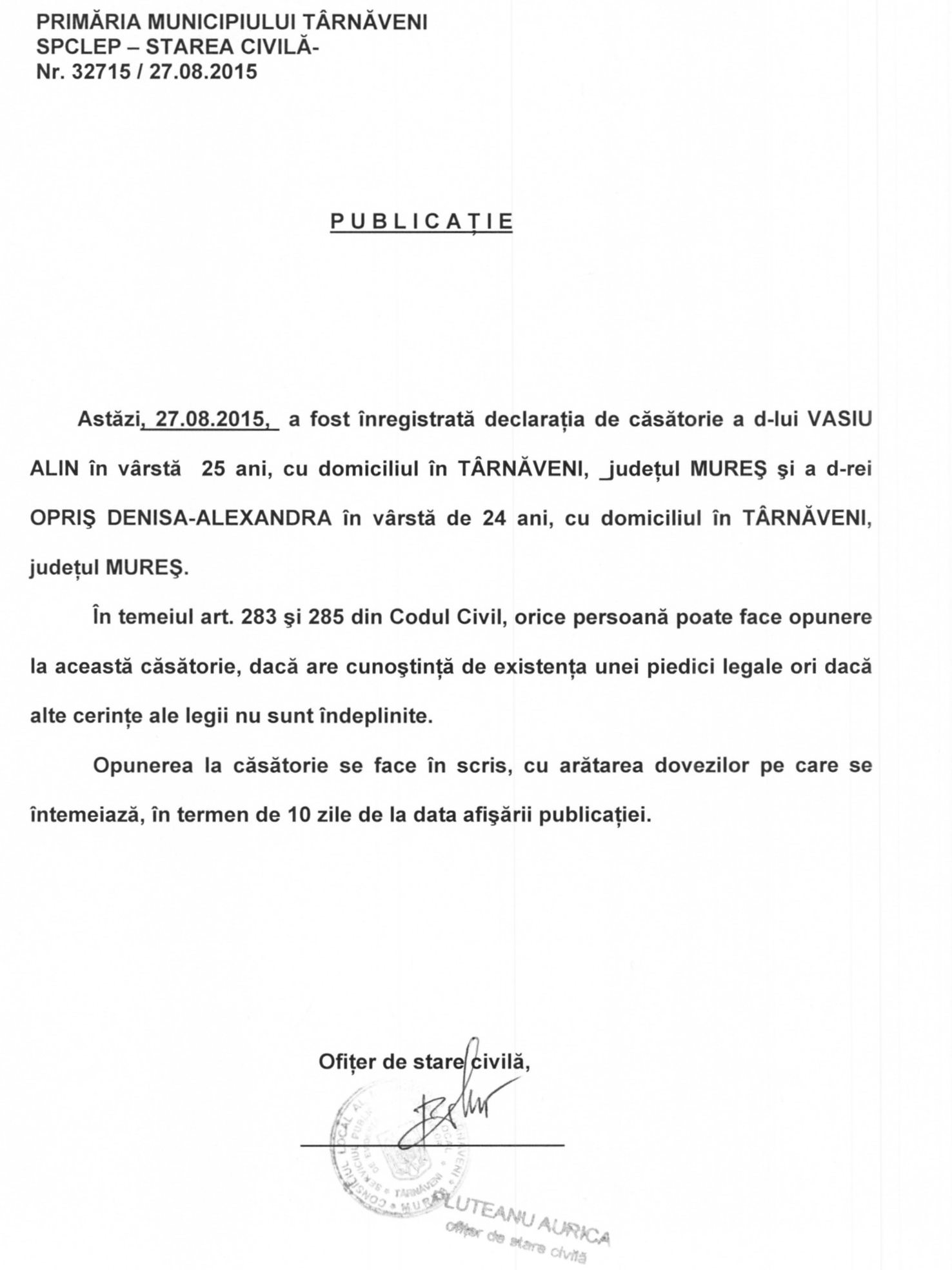 Publicatie casatorie – Vasiu Alin si Opris Denisa Alexandra – PRIMARIA ...